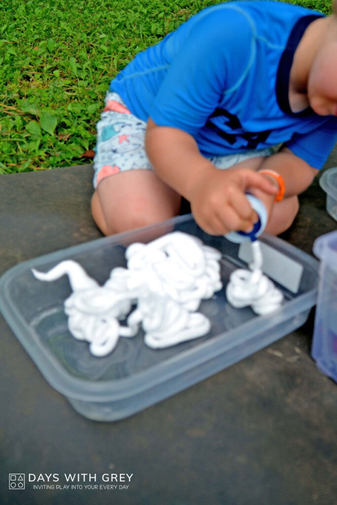 Shaving Cream and LEGOS Messy Play - Days With Grey