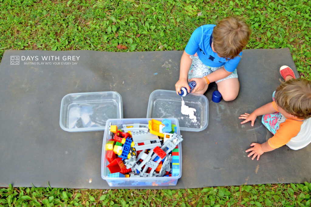 Shaving Cream and LEGOS Messy Play - Days With Grey