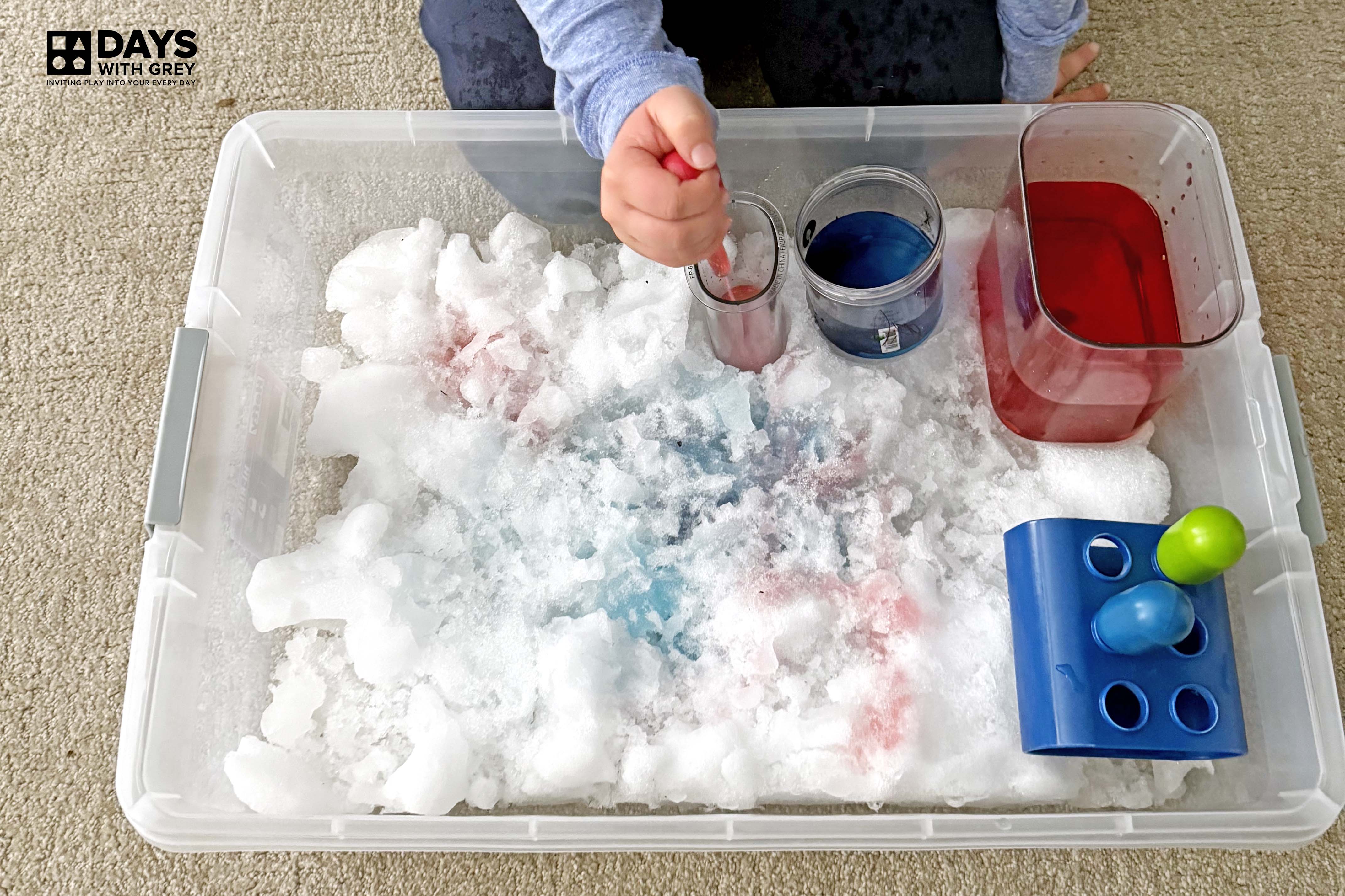 Color the Snow; An Easy Winter Sensory Bin - Days With Grey